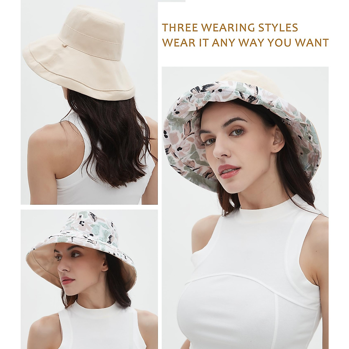 100% Cotton Women Sun Hats Wide Brim Gardening Bucket Hat Travel Sun Protection Packable Womens Beach Hat -Fold-UP Brim