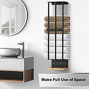 Wall Towel Rack for Rolled Towels, POKIPO 3 Bar Bathroom Towel Storage with Wooden Pallet, Towel Holder for Small Bathroom Wall Mounted, Towel Shelf Organizer for Washcloths, Large Towels, Blanket