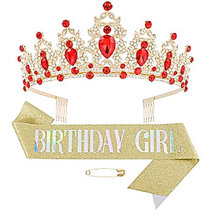Gold Birthday Girl Sash & Red Crystal Crown Set, Didder Birthday Crown Birthday Tiara for Women Birthday Crowns for Women Girls Birthday Sash and Tiara for Women Happy Birthday Gift