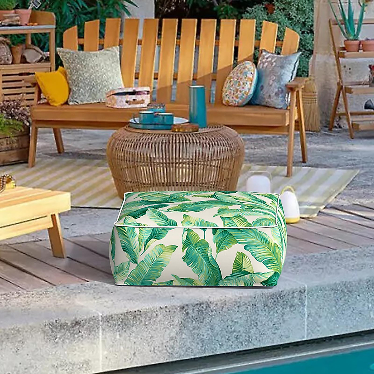 Melody Elephant Inflatable Stool Ottoman Pouf, All Weather Round Footrest Footstool 23 x 23 x 9 Inch Square Ottoman, Portable Ottoman for Garden Patio Indoor Outdoor,Swaying Palms