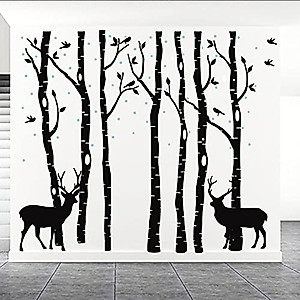 HOSNNER Deers Tree Wall Stickers - Forest Mural Wallpaper for Bedroom Kids Baby Nursery Vinyl Removable DIY Decals 82.7x70.9 inch Grey+Black