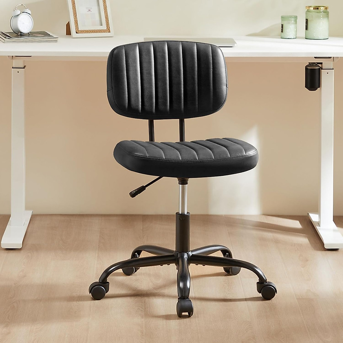 Sweetcrispy Small Office Desk Chair - Armless PU Leather with Comfy Lumbar Support, Height Adjustable Rolling Swivel Task for No Arms, for Adult, Student, Bedroom, Home, Vanity