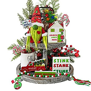 Grinch Christmas Tiered Tray Decor - 6 PCS Christmas Gnome Tiered Tray Decoration, Green Christmas Wood Signs Inspired Christmas New Year Holiday Decor -(Tray Not Included)