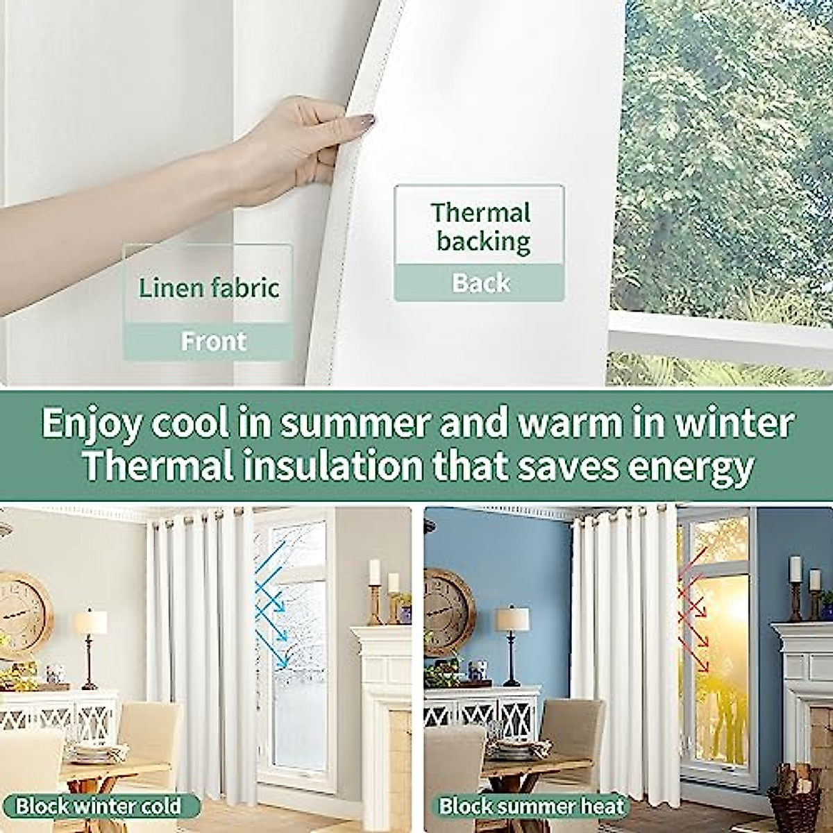 QUEMAS Linen Blackout Curtains for Bedroom 63 Inches Length 2 Panels, 100% Black-Out Curtains for Living Room Darkening, Thermal Insulated Soundproof Grommet Window Drapes (52 x 63 Inch, Ivory White)