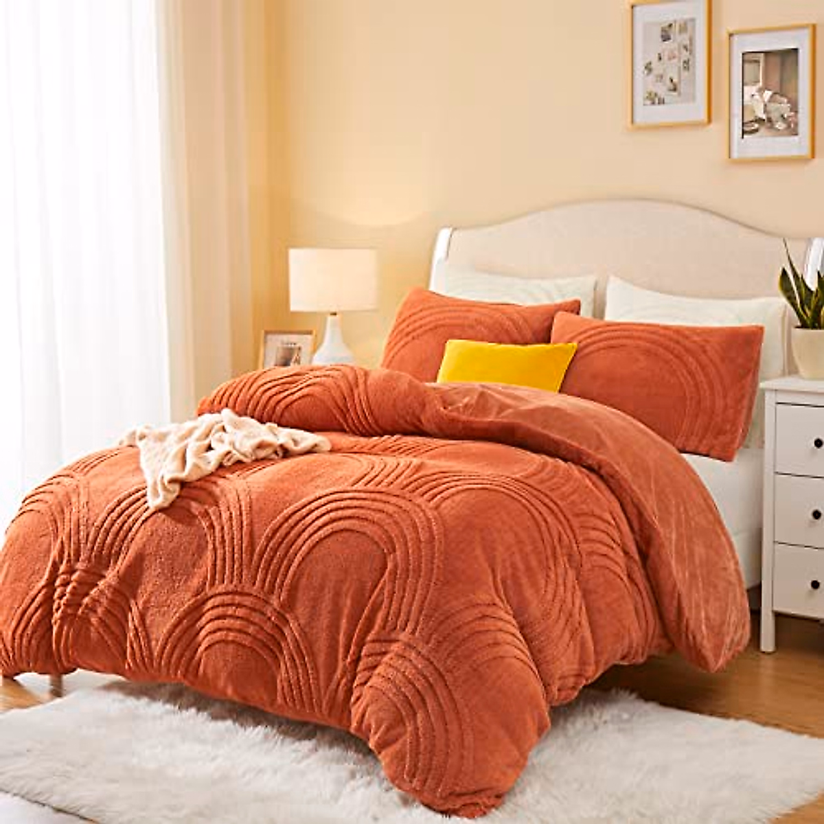 Oli Anderson Fluffy Duvet Cover Set, Faux Fur Rainbow Tufted Duvet Covers Queen Size, 3 Pieces Ultra Soft Warm Plush Comforter Cover Set, Orange (1 Duvet Cover + 2 Pillowcases)