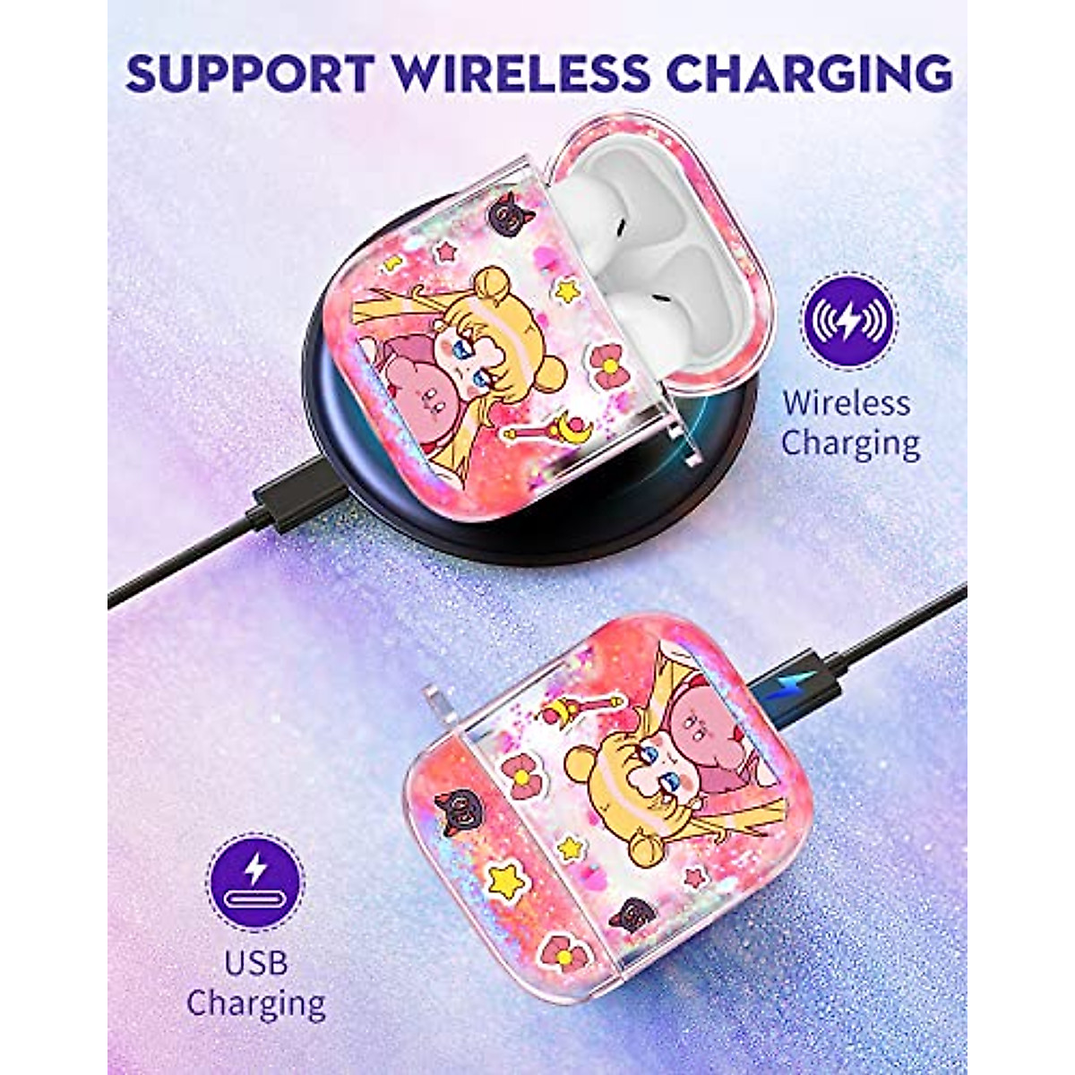 Besoar for AirPods 1/2 Case Bling Glitter Liquid Quicksand Cute Cartoon Anime Kawaii with Keychain for Apple AirPod Cases Sparkly Design Covers for Girls Women Kids Covers for Air Pods 2nd/1st Shui