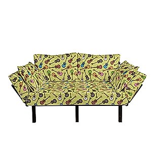 Ambesonne Guitar Futon Couch, Wooden Acoustic Guitar in Colorful Design and Sketch Art Style Swirled Strings, Daybed with Metal Frame Upholstered Sofa for Living Dorm, Loveseat, Multicolor