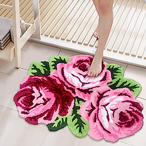 ABREEZE 3 Rose Shaped Rug Pink Roses Rug Shaggy Bath Mat Anti-Slip Mat Personalized Custom Carpets Doormat Bathroom Rug Super Water Absorbent, Machine Washable