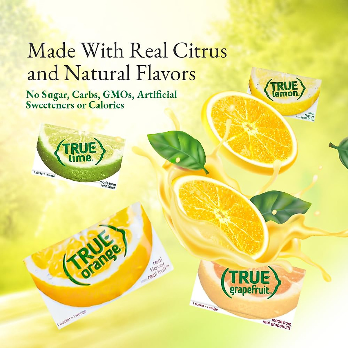 True Lemon, True Lime, True Orange, True Grapefruit, Varrirty Pack 100 Count, On-The-Go Powdered Drink Mix Variety Pack, Zero Calorie Unsweetened Water Flavoring, Each Packet Fits Into a 16.9 oz. Bottle or Cup