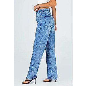 PLNOTME Women's Low Waisted Jeans Trendy Straight Leg Boyfriend Crossover Casual Denim Pants Blue