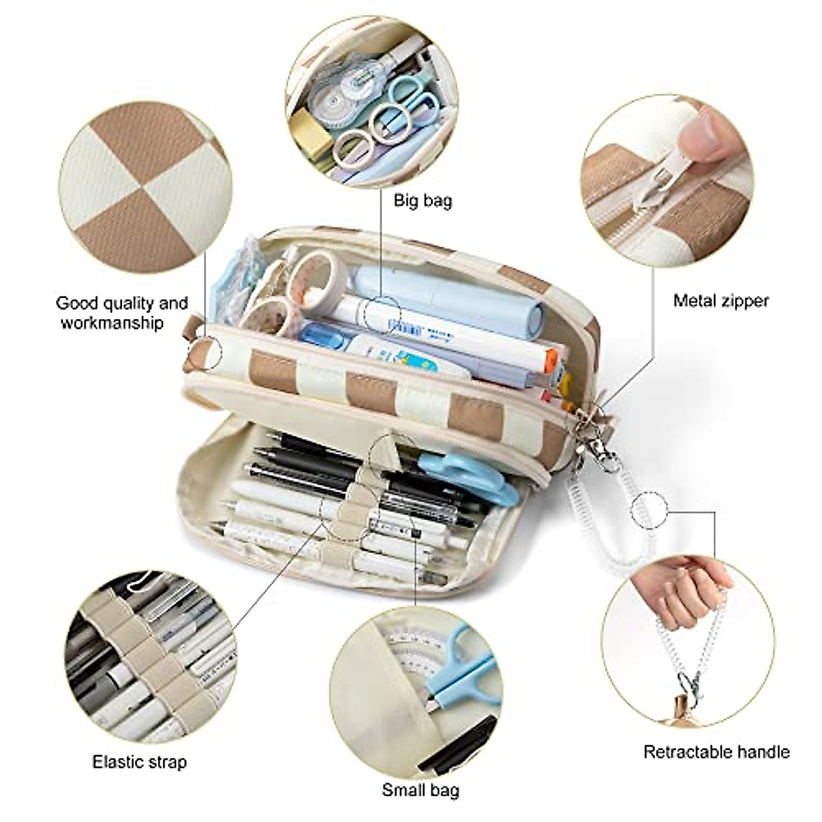 Joyask Large Capacity Canvas Pouch Storage Bag with Removable Spring Strap Checkerboard Plaid for Office Work Art (Brown White Plaid)