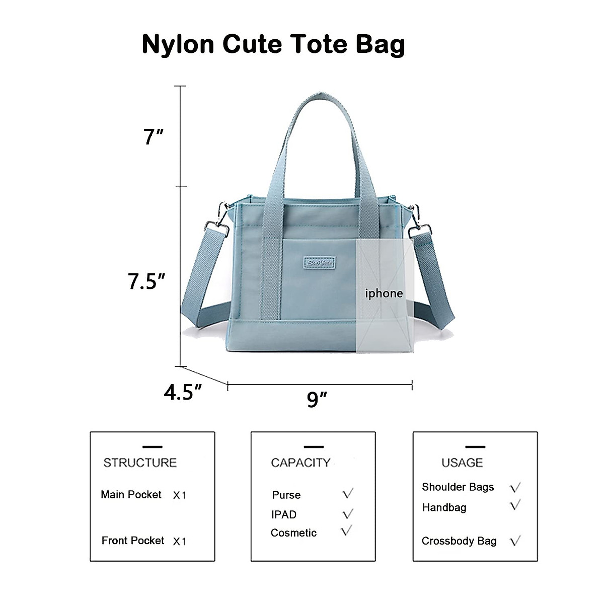 MINKARS Mini Tote Bag for Women Nylon Crossbody Purse, Dark Green 9”