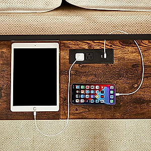 VECELO Couch Side & Console Table with 2 Outlets and USB Ports, 70.9 Inches, Brown