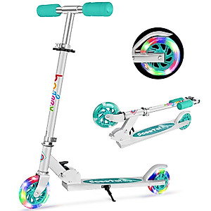 BELEEV V1 Scooters for Kids, 2 Wheel Folding Kick Scooter for Girls Boys, 3 Adjustable Height, Light Up Wheels, Lightweight Push Scooter with Kickstand for Children Ages 3-12 (Aqua)
