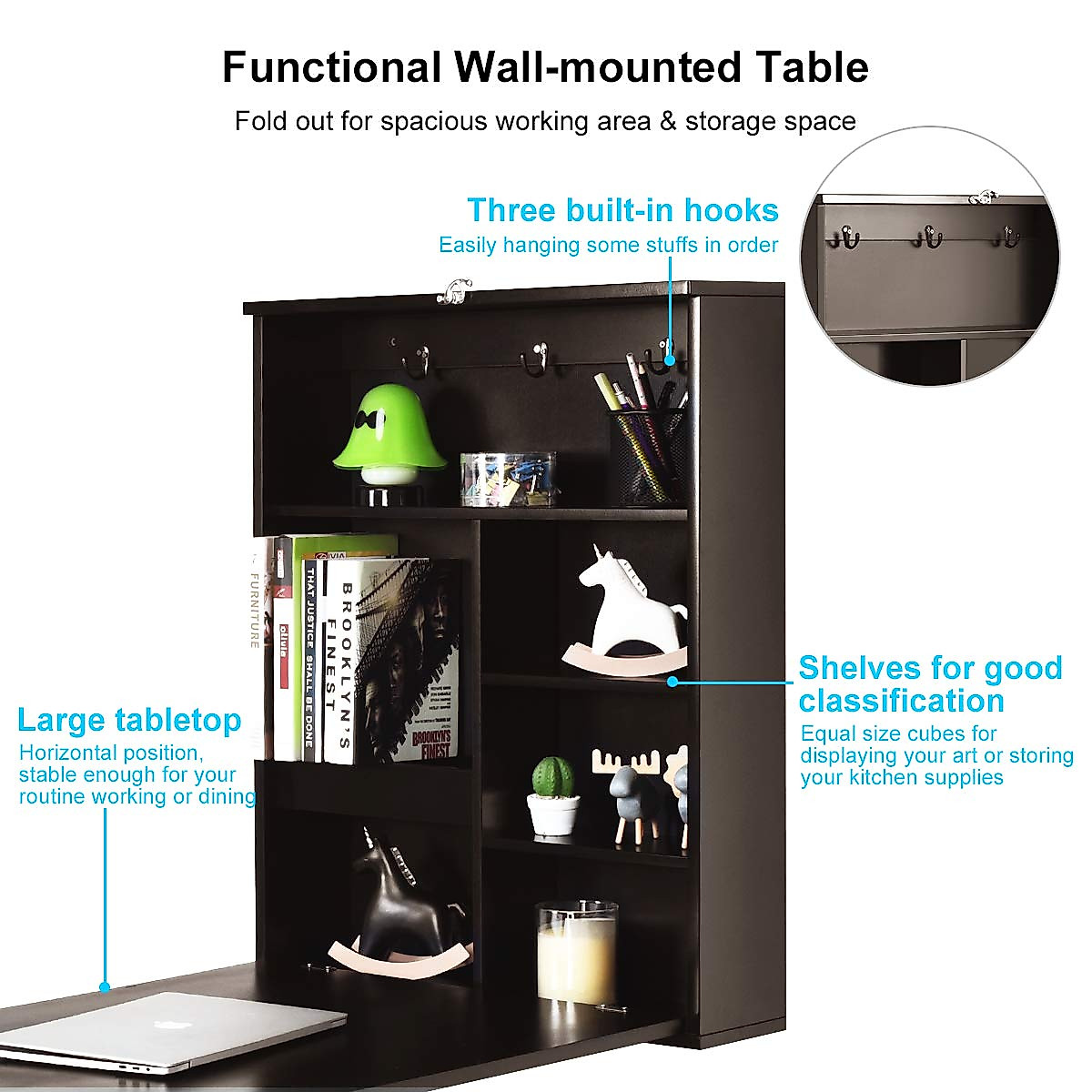 Tangkula Folding Wall Mounted Desk, Floating Desk with Chalkboard, Space Saving Fold Up Desk Wall Mounted Convertible Desk, Wall Mounted Table with Storage Shelves & Hooks (Espresso)