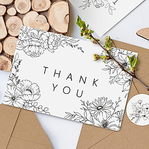 AnyDesign 32 Pack Floral Line Art Thank You Cards Black White Thank You Note Cards with Envelopes Stickers Minimalist Flower Blank Cards for Wedding Birthday Bridal Shower DIY Card Supplies