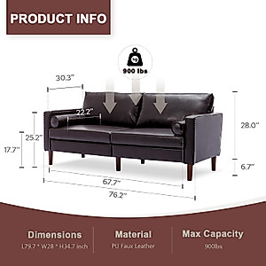 DIFY 77” Mid-Century Modern Loveseat Couch, Leather Faux Sofa with Two Upholstered Cushions, Comfortable Couch with Wooden Frame and 3 Seater, for Living Room, Bedroom, Office(Black)