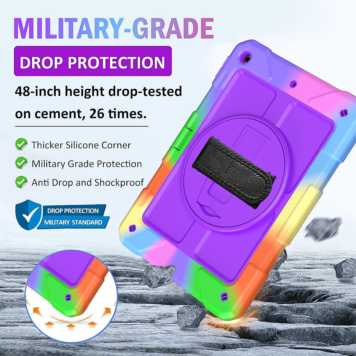 BMOUO Case for iPad 9th Generation Case, iPad 8th/7th Generation Case, iPad 10.2 Case, Shockproof Rotating Stand Hand Strap Kids Case for iPad 10.2" 2021/2020/2019 - Purple