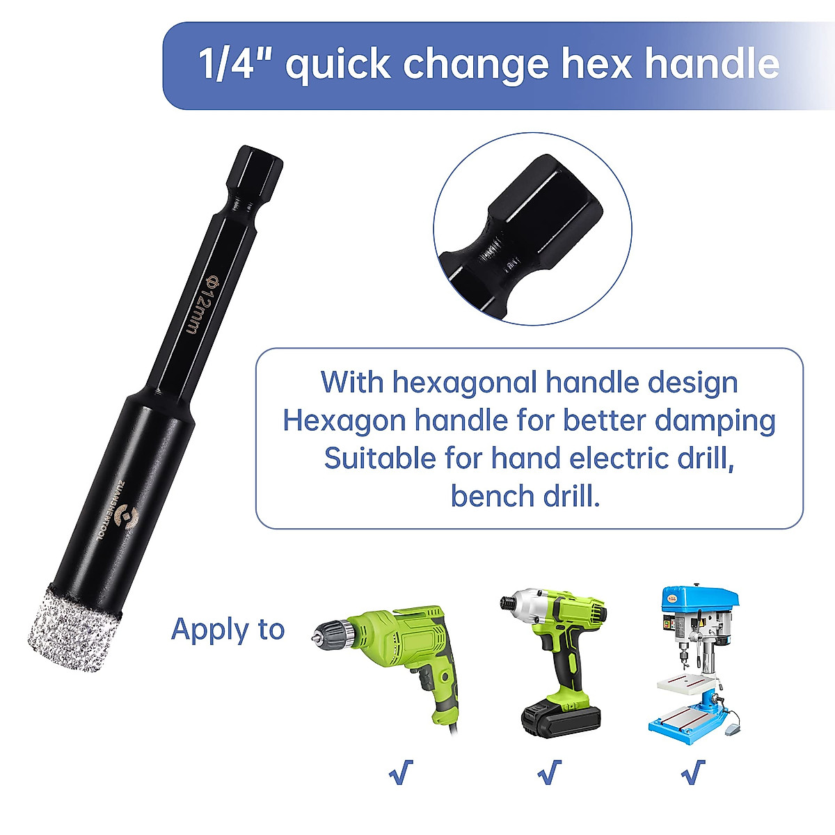 Diamond Drill Bits Set, 5 Piece Dry Diamond Hole Saw with Quick Change Hex Shank for Granite Ceramic Marble Tile Stone Glass Hard Materials (not for Wood) 1/4, 5/16, 3/8, 1/2 inch