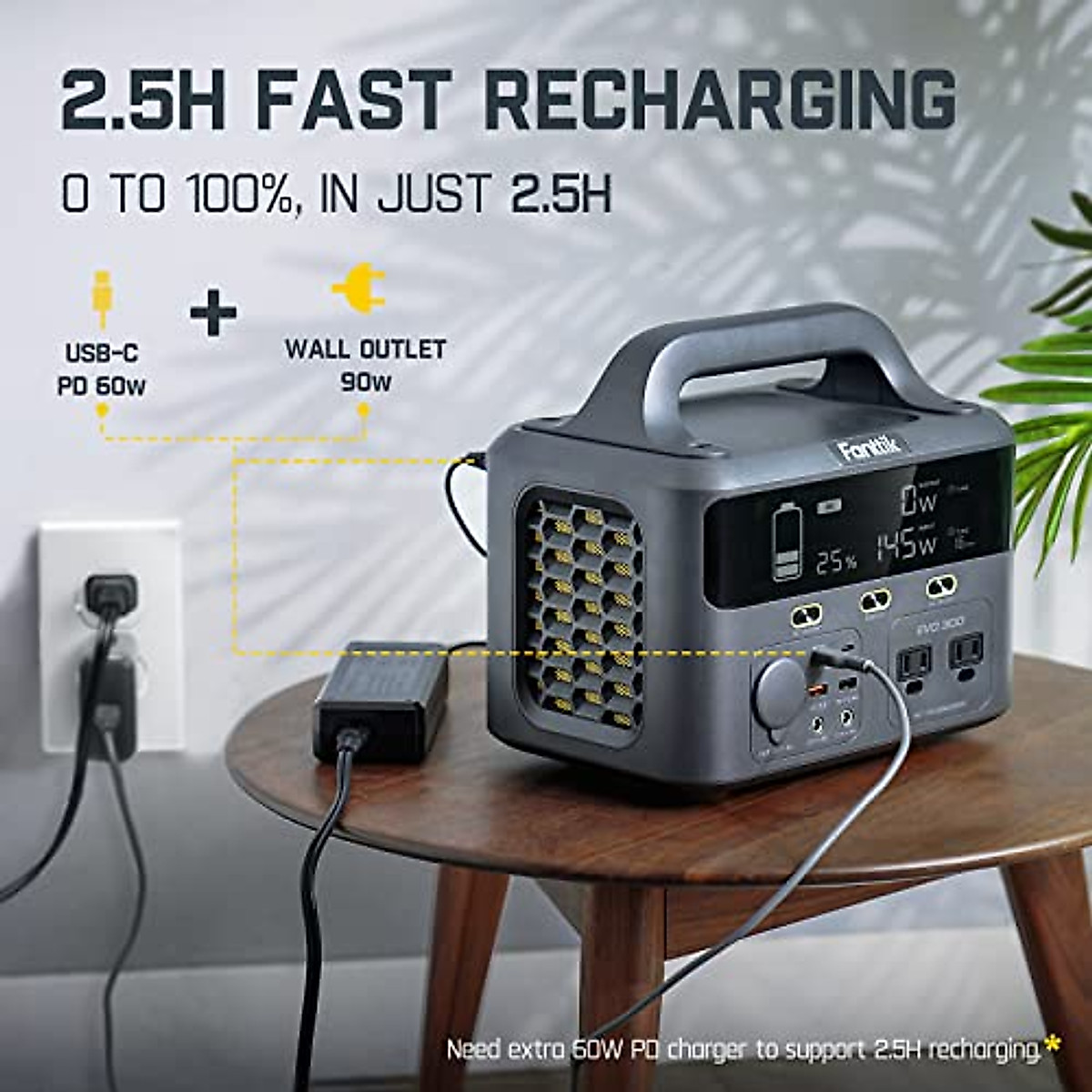 Fanttik EVO 300 Portable Power Station, 299Wh Backup Power Supply, Real-Time Monitoring, 2 AC 110V/300W(Peak 600W) Pure Sine Wave Outlets, for Outdoors Camping Travel RV Emergency