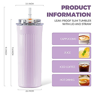 Puraville 14 oz Coffee Tumbler with Lid and Straw, Stainless Steel Insulated Travel Coffee Mug with Lid, Reusable Skinny Tumbler Cup for Women and Men,Lilac