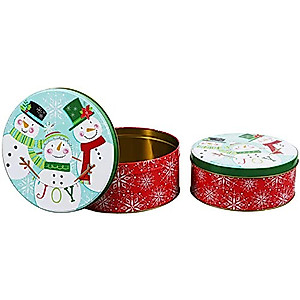 Round Nesting Tins With Holiday Print Designs Bundle of 2 Round Metal Tins with Lids for Cookies, Candy, Food Presents - 1- 6 and 3/4 Inches and 1- 6 inches Diameter