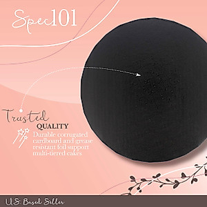 Spec101 Round Cake Boards Bulk 12pk - 10 Inch Cake Drum Round Black Cardboard Base with 1/2 Inch Thick Pleated Foil Edge