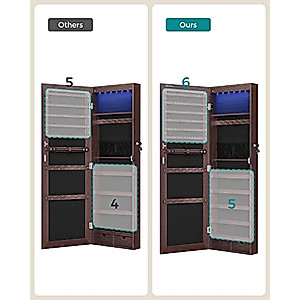 SONGMICS Hanging Jewelry Cabinet, Wall-Mounted Cabinet with LED Interior Lights, Door-Mounted Jewelry Organizer, Full-Length Mirror, Gift Idea, Brown UJJC99BR