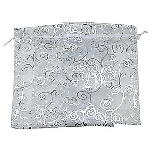 SUNGULF 100pcs Organza Pouch Bag Drawstring 4x6 10x15cm Strong Gift Candy Bag Jewelry Party Wedding Favor (White with Silver)