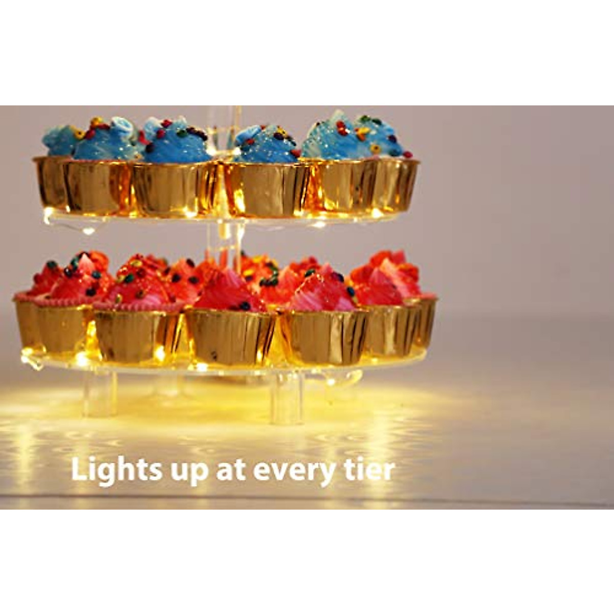 Jusalpha 5 Tier Round Cupcake Stand With Light– Premium Cupcake Holder – Acrylic Cupcake Tower With LED Light – Ideal for Weddings Birthday Parties, Candy Bar Decor 5RFs (5 Tier- Battery Power)