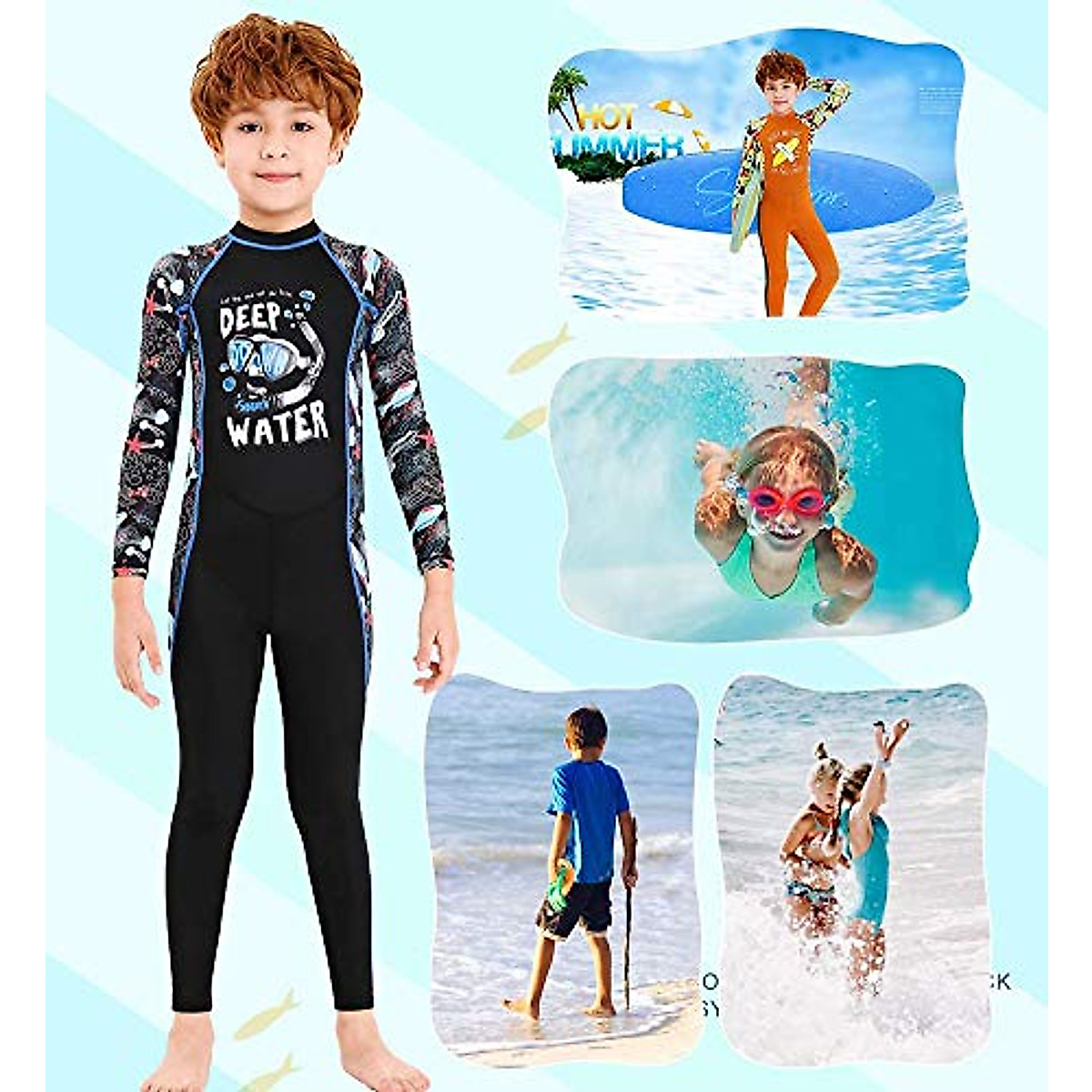 Full Body Kids Swimsuit One Piece Rash Guard Long Sleeve Wetsuit Skin for Girls Boys Children, Sunsuit Swimwear UPF 50+ UV Sun Protection Quick Dry for Beach Water Sports (Boy Black, S)
