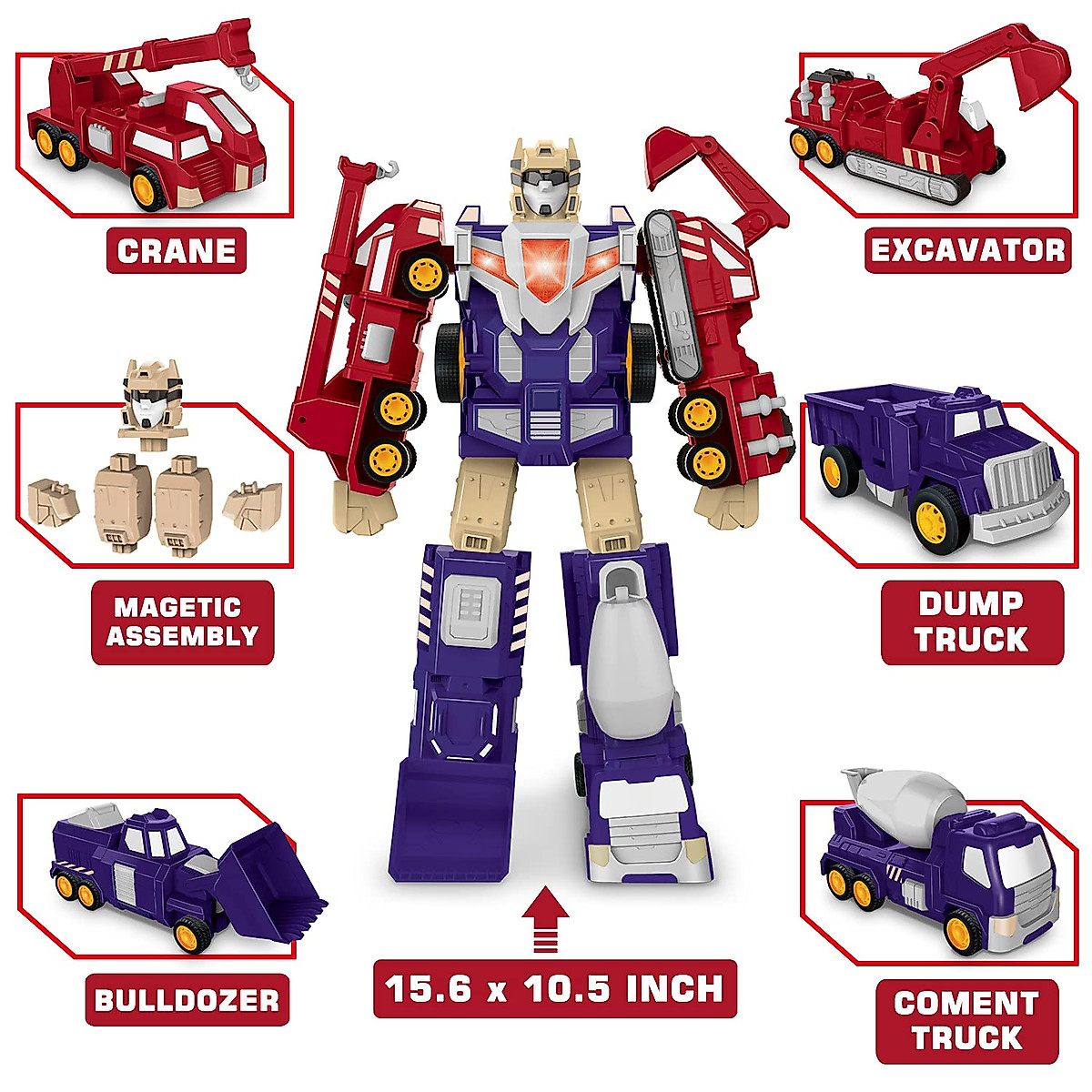 Bakatatoyz 5 in 1 Transform Robot Toy Car, Construction Toy for Boy Toddler Kid, 5 Pull Back Truck Assemble Into Robot Action Figure with Light & Sound, Magnetic Take Apart STEM Toys Birthday Gift