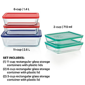 Pyrex Simply Store 10-Pc Glass Food Storage Container Set with Lid, 11-Cup, 6-Cup & 3-Cup Rectangular Glass Storage Containers with Lid, BPA-Free Lid, Dishwasher, Microwave and Freezer Safe