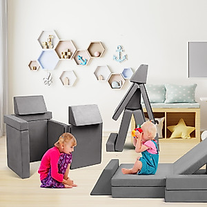 Xilingol Kids Play Couch, 8Pcs Convertible Sofa for Creativity & Imagination，Child Sectional Sofa, Foam Kids Modular Couch, 50”x28.5"x19", Grey