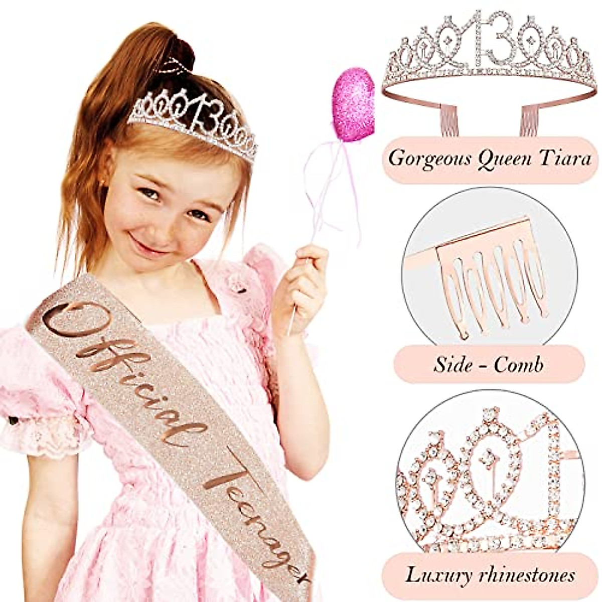 8pcs 13 Birthday Decorations for Girls, Including 13th Happy Birthday Cake Toppers, Birthday Queen Sash with Pearl Pin, Sweet Rhinestone Tiara Crown, Number Candles and Balloons Set, Rose Gold
