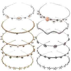 CellElection 10PCS Crystal Headband Pearls Flower Hairbands Jewelry Rhinestone Fashion Beaded Headbands Gold Sliver Metal Headbands Headdress for Girls Women Teens…