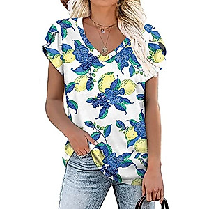 Women V Neck Printed T Shirt Casual Loose Pullover Short Sleeve Tops Cotton Blouses for Women Summer,Dressy Tops for Women Indian