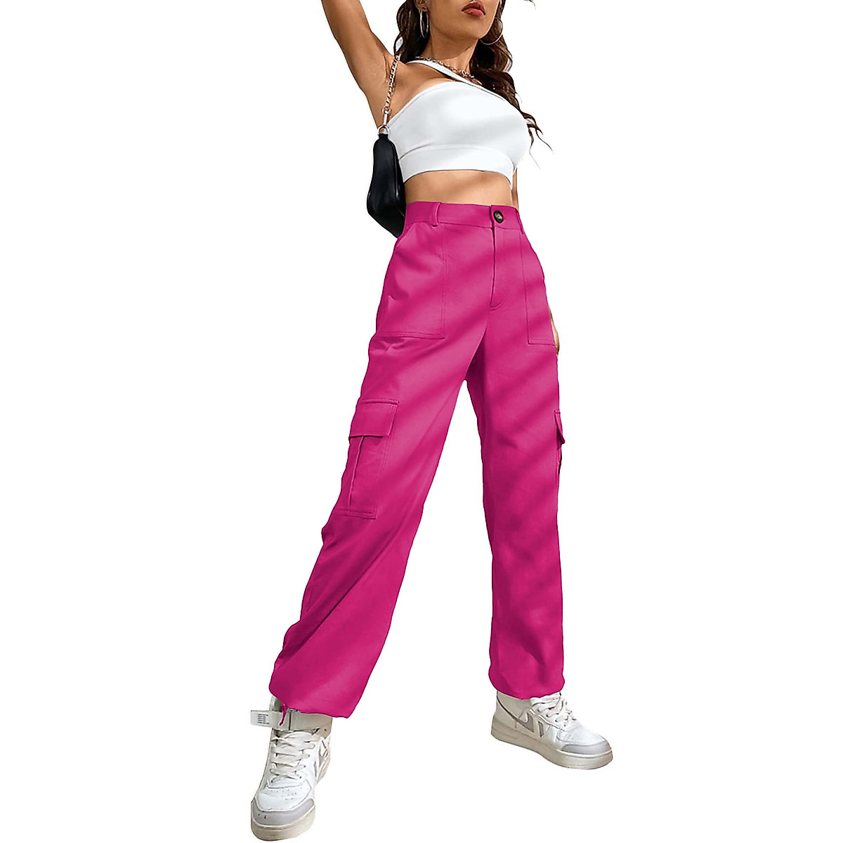 MSBASIC Cargo Pants for Women Casual Fashion Y2K High Waisted Baggy Pink Parachute Pants
