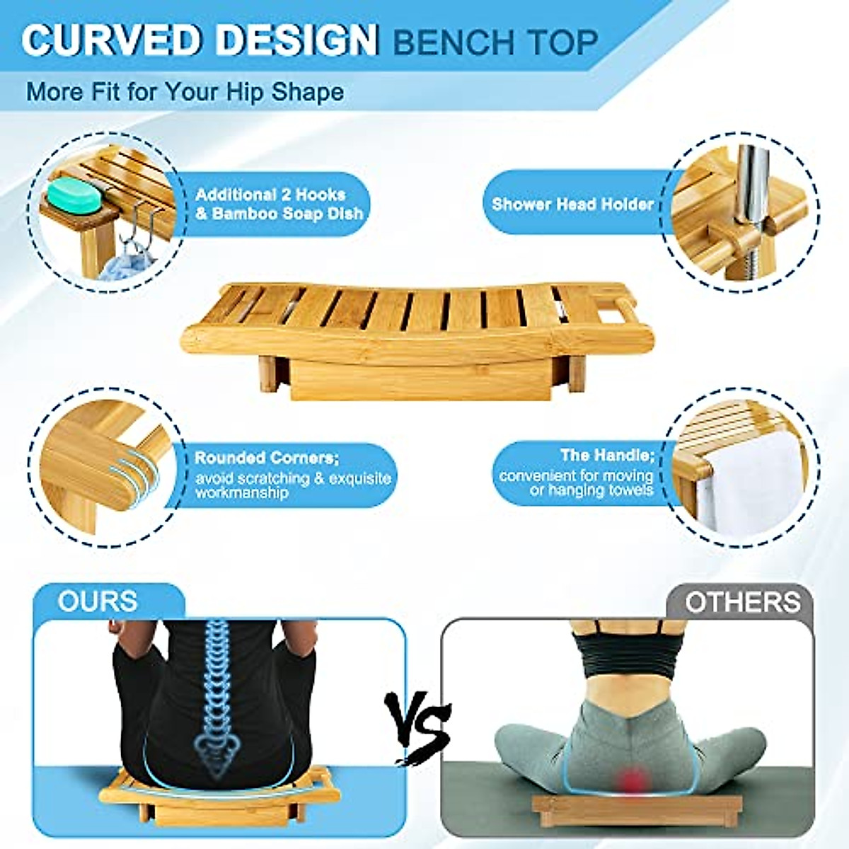 ETECHMART Bamboo Shower Bench with Back and Soap Dish, 2-Tier Shower Chair Bath Seat with Handle for Bathroom Bathtub Elderly Disabled, Waterproof Wood Spa Stool for Inside Shower Legs Shaving, Bamboo