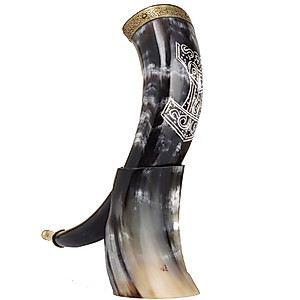 Genuine 12" Ox-Horn Viking Drinking Horn with Horn Stand, Thor Engraved Viking's Drink Cup - Food Safe Medieval Norse Style Horn