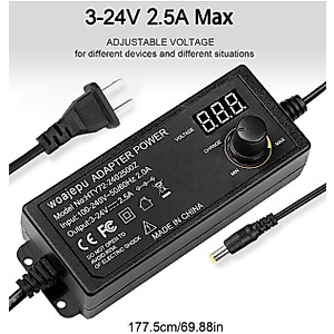 3V ~ 24V 2.5A 60W Power Supply with Volt Diaplay Adjustable DC 3V 5V 6V 9V 12V 15V 16V 18V 19V 20V 24V Variable Universal AC/DC Adapter 100V-240V AC to DC Converter with 8 Selectable Adapter Tips