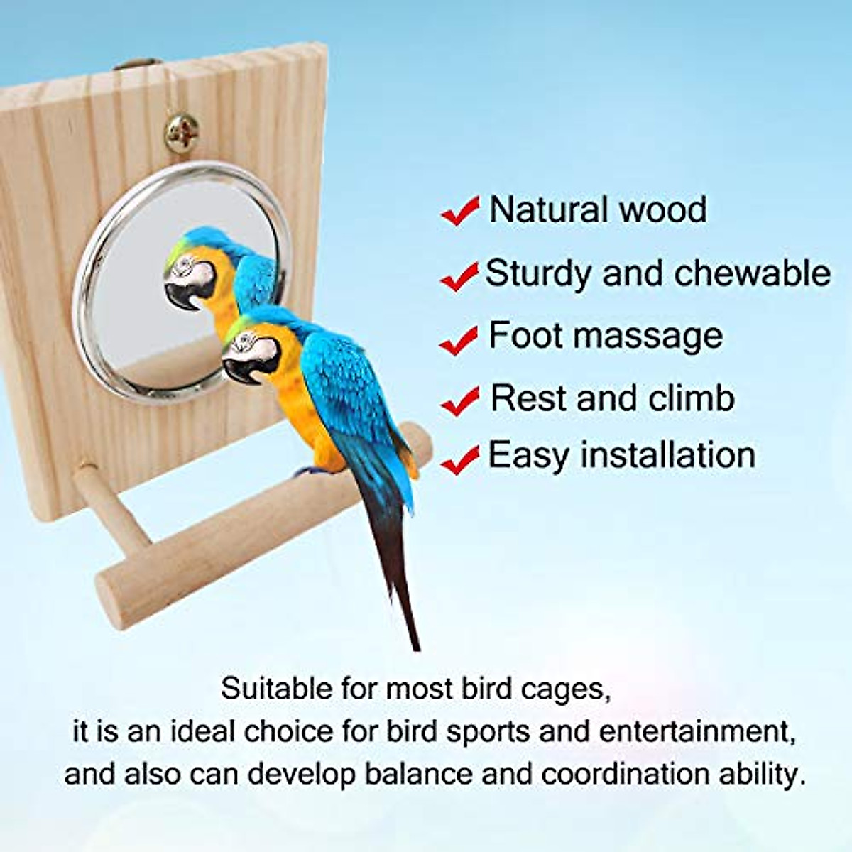 Hamiledyi Bird Mirror with Wooden Perch,Birdcage Fun Platform Stand Toys