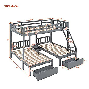 RUNWON Full Over Twin Wood Triple Bunk Bed with 2 Drawers for Kids Adults Bedroom,Detachable to 3 Platform Beds,No Box Spring Needed