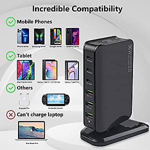 Desktop USB Charging Station,LAMJAD 96W 6-Port USB C Charging Station,with 3 USB-C+3 USB-A,Portable Fast Charging Hub for All iPad,iPhone 14 13 12 Pro Max, Pixel Samsung Galaxy and More