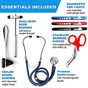 Primacare KB-9397-BL Stethoscope Case, Supplies Included, Blue with Multiple Compartments, Portable and Lightweight First Aid Kit Bag with Vital Medical Supplies, Nursing Accessories for Nurses