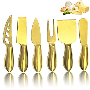 Matte Gold Cheese Knife Set for Platter Accessories - Stainless Steel 6 piece Charcuterie Board Utensils - Brass Cheese Butter Spreader Knife Fork Cutter Slicer - Housewarming Christmas Gift
