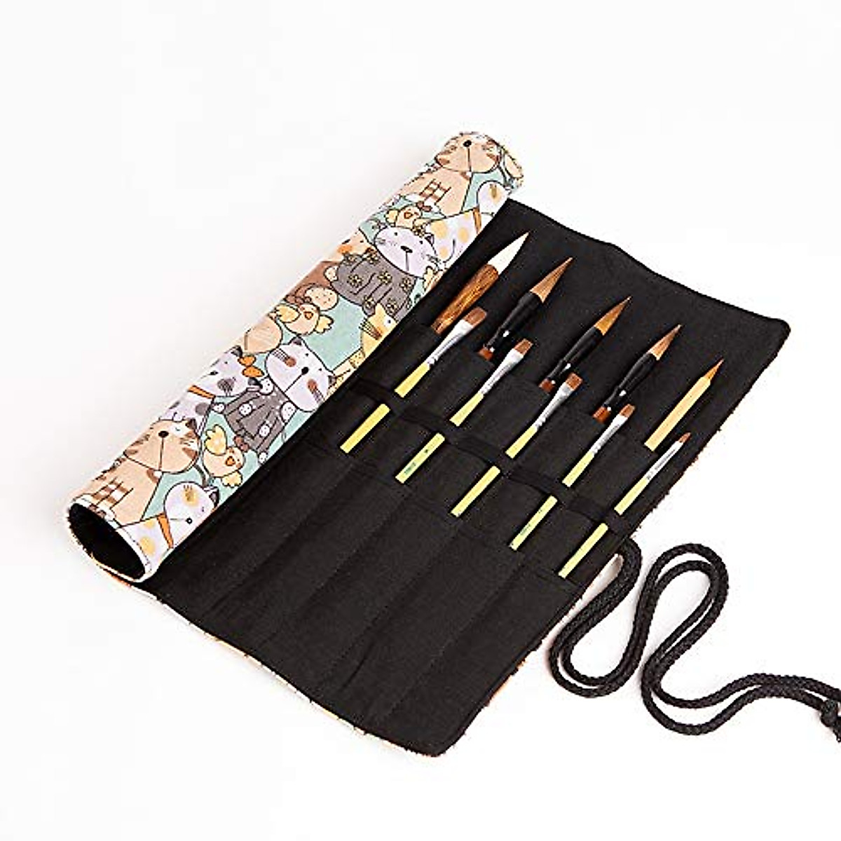 20 Slots Artist Paint Brush Roll Up Bag Holder Canvas Pouch Makeup Case Organizer Rollup Protection（Without Brushes） (Cat/B)
