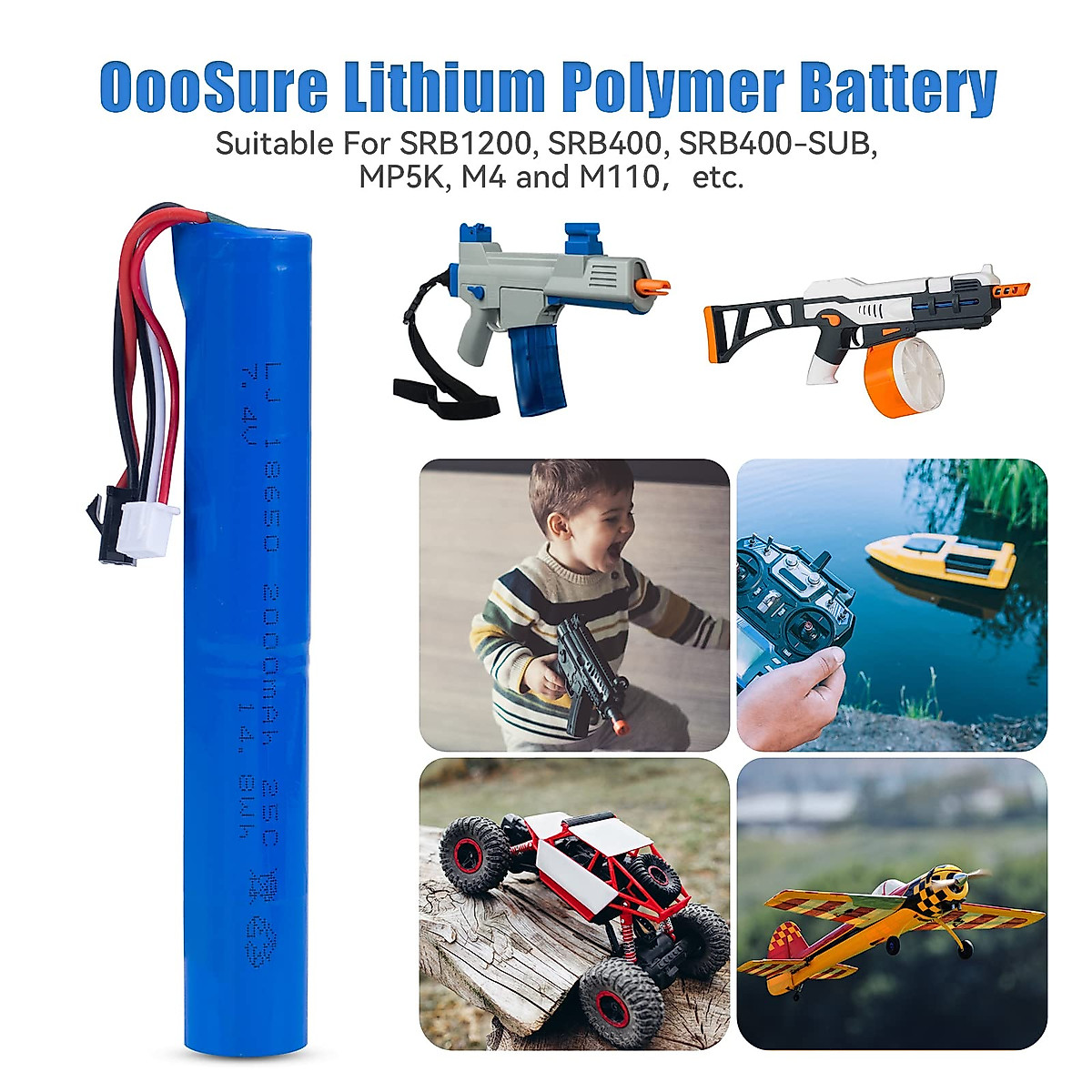 OooSure 2 pcs 7.4V Batteries 2000mAh for SRB1200 SRB400 SRB400-SUB MP5K M4 M110 for Hobby Remote App Controlled Vehicle Water Bead Blaster Airsoft Gun with 2S USB Charger and Mini Tamiya Switch Cable