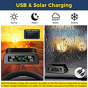 Tire Pressure Monitoring System TPMS, Solar TPMS Tire Pressure Monitor System Installed on Windowshield with 4 External Sensors 6 Alarm Modes Real-time Display Pressure Temperature & Time (0-51 PSI)