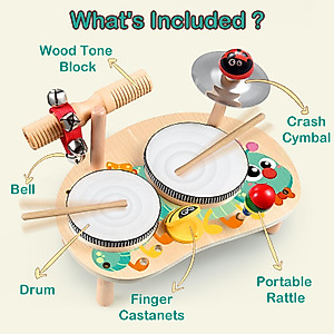 Kids Drum Set for Toddlers: Montessori Musical Instruments Set Toddler Toys - 7 in 1 Wooden Musical Kit Baby Sensory Educational Toys Christmas Birthday Gifts for Boys & Girls Age 2 3